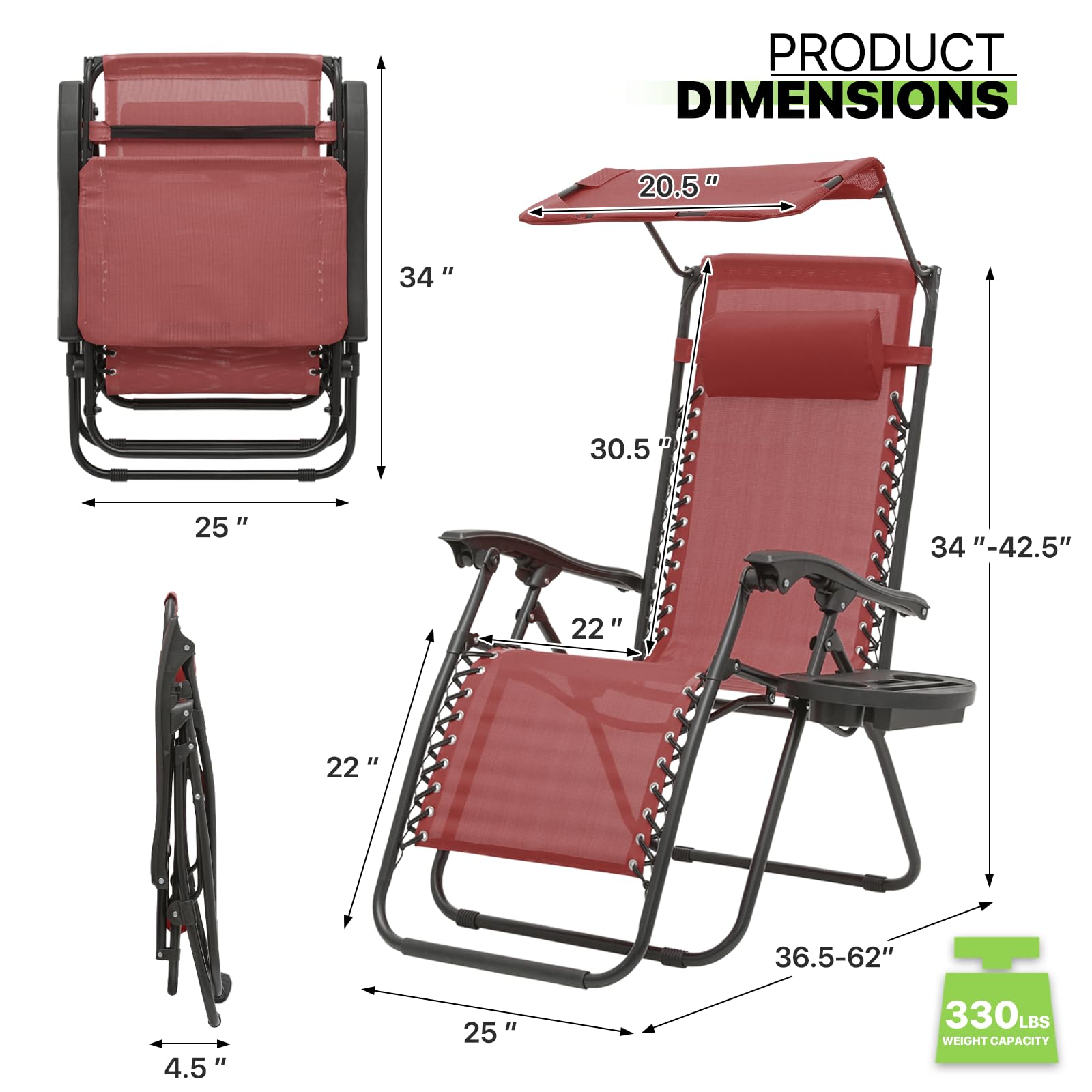 Magshion Zero Gravity Lounge Chair with Canopy, Outdoor Foldable Patio Reclining Chair with Side Tray, Adjustable Anti-Gravity Recliner with Headrest, Folding Lounger for Lawn Camping Beach, Maroon