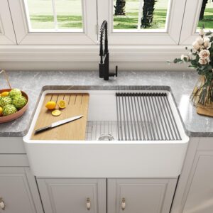 deervalley 33 inch white farmhouse sink, fireclay farmhouse kitchen sink, single bowl kitchen sink, front apron sink for kitchen, workstation sink with grid, sink strainer & workstation accessories