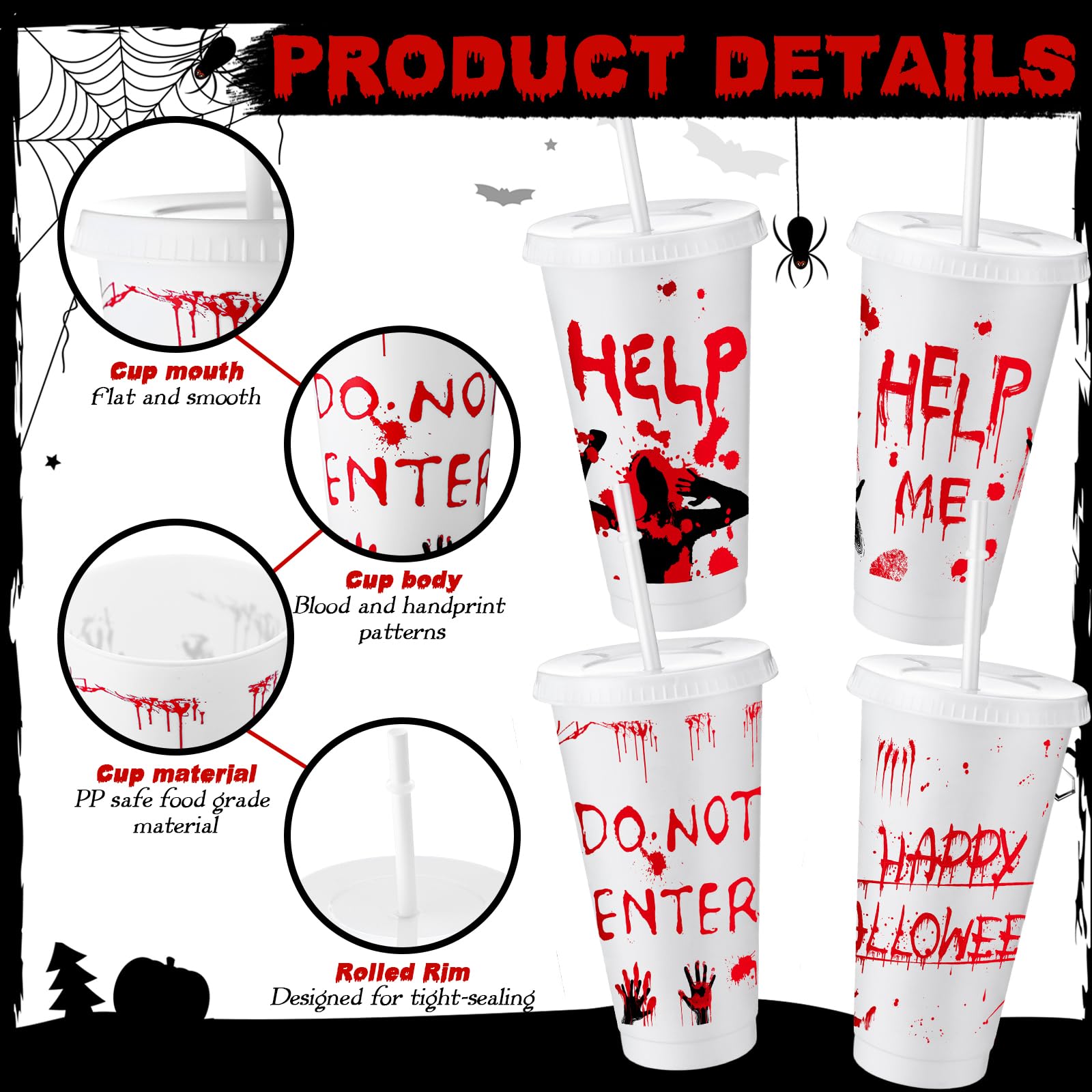 Dandat 24 Pcs Halloween Plastic Cups 24Oz Halloween Bloody Handprint Cups Halloween Reusable Cups with Lids and Straws Halloween Party Favors Supplies Halloween Cups for Adults Party Decoration