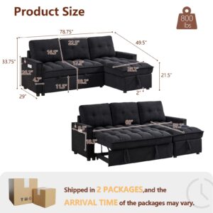 Nonlita Sofa Bed,Convertible Sectional Sofa Bed with USB and Tape-C Charging Port,L-Shaped Sleeper Sofa with Reclining Storage and Arm Side Organizer Pockets Feature,for Living Room, Apartment,Black