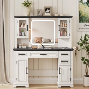 maupvit farmhouse vanity desk with mirror and lights, makeup vanity table with charging station, 45" bedroom table with 4 drawers and cabinets, 3 lighting modes, white