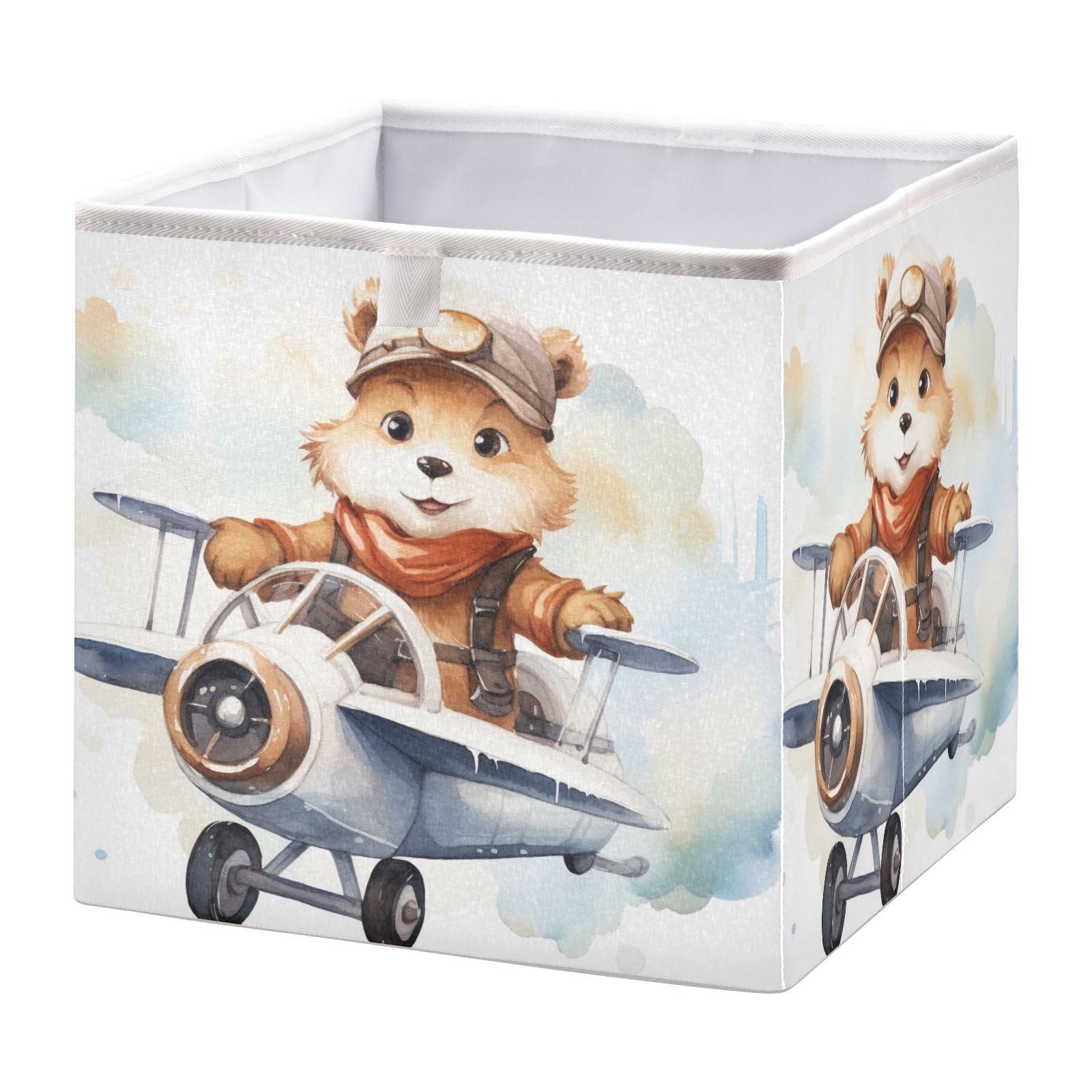 Foldable Storage Cube Cartoon Bear Flying A Plane Organizer Basket for Home Shelf