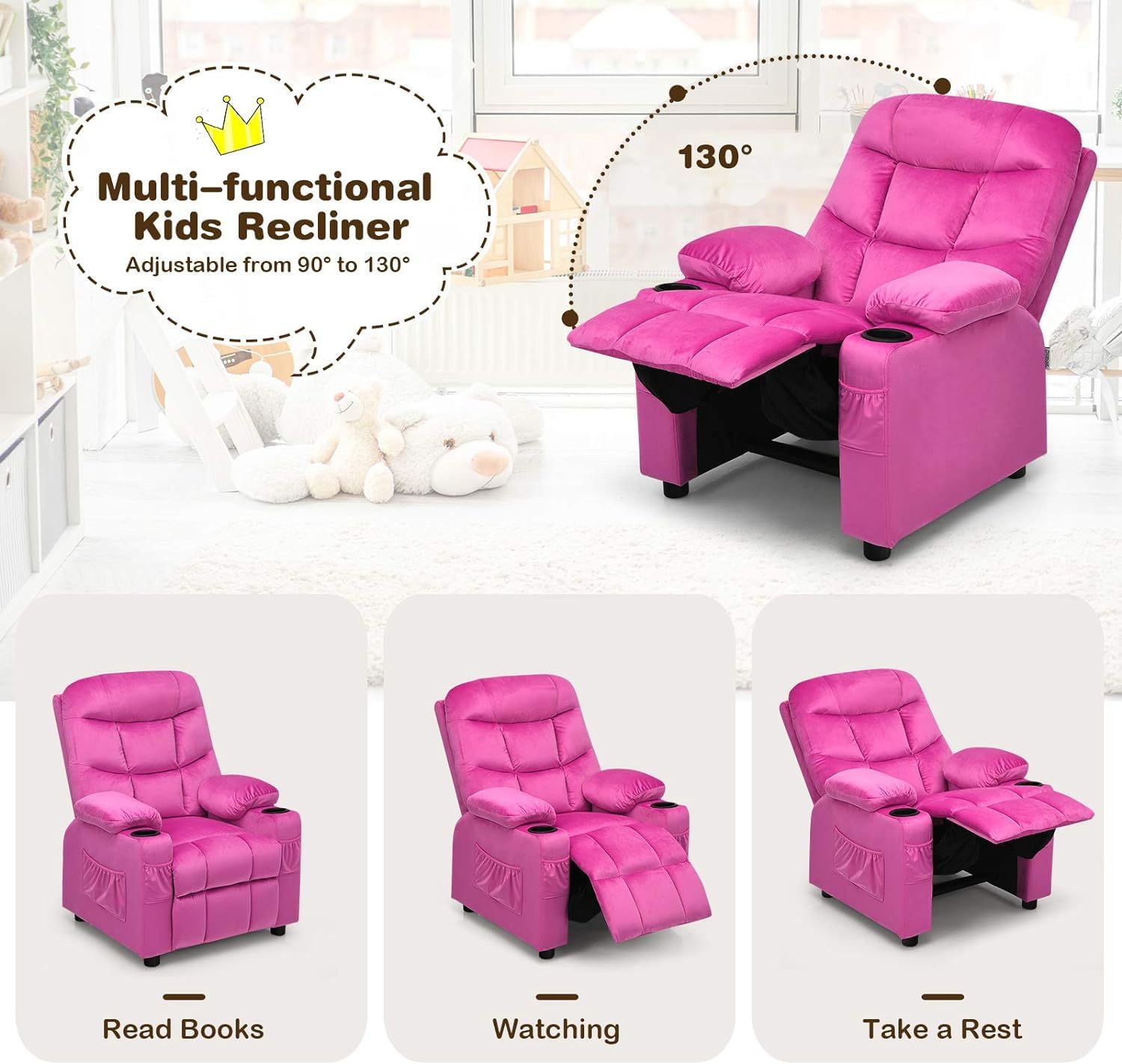 HOMGX Kids Velvet Recliner Chair, Pink