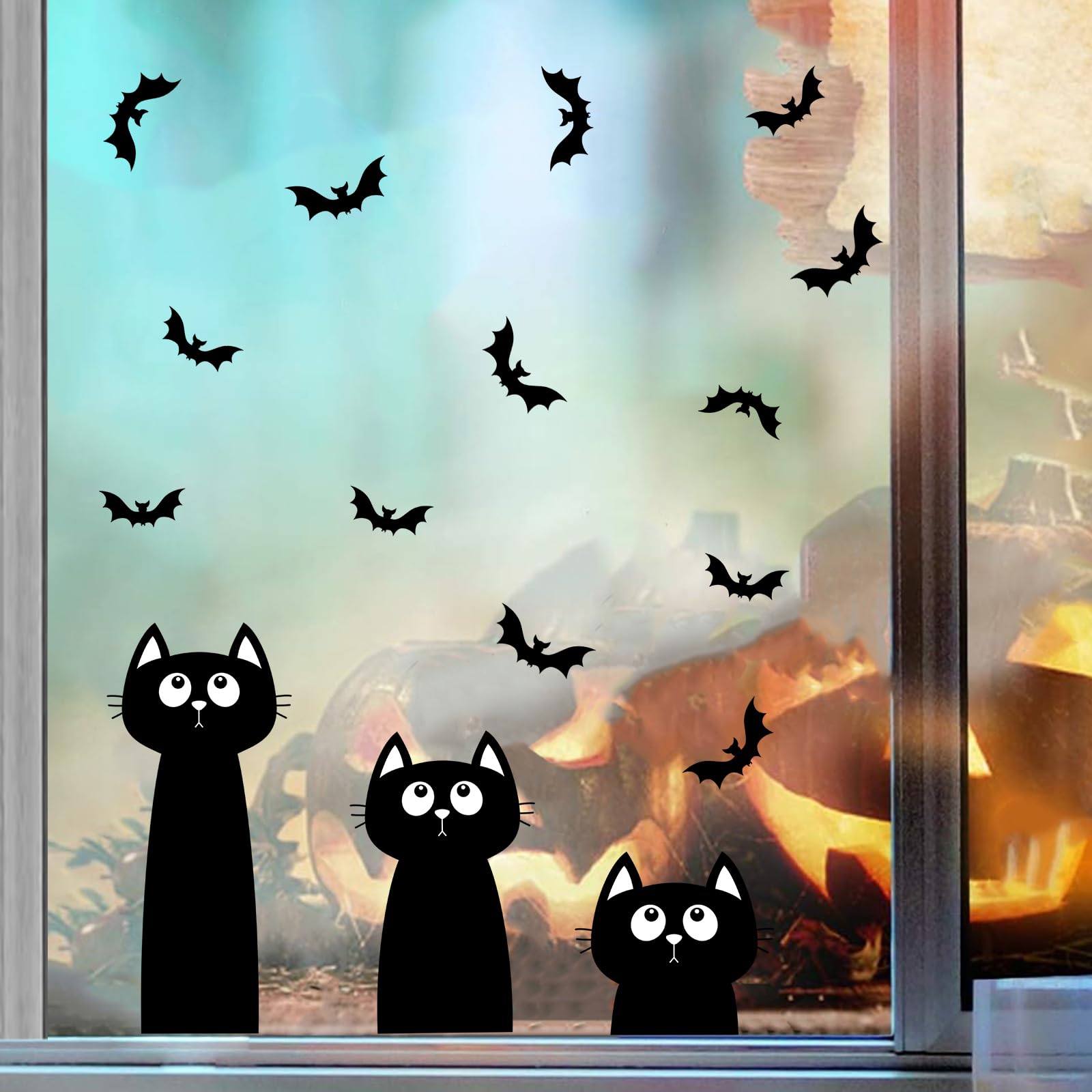 SIKERIC Halloween Black Cat and Bat Window Decals, Spooky Halloween Cat Wall Stickers, Vinyl Halloween Wall Murals, Peel and Stick Halloween Window Decor Art, Halloween Cat Window Clings Decorations