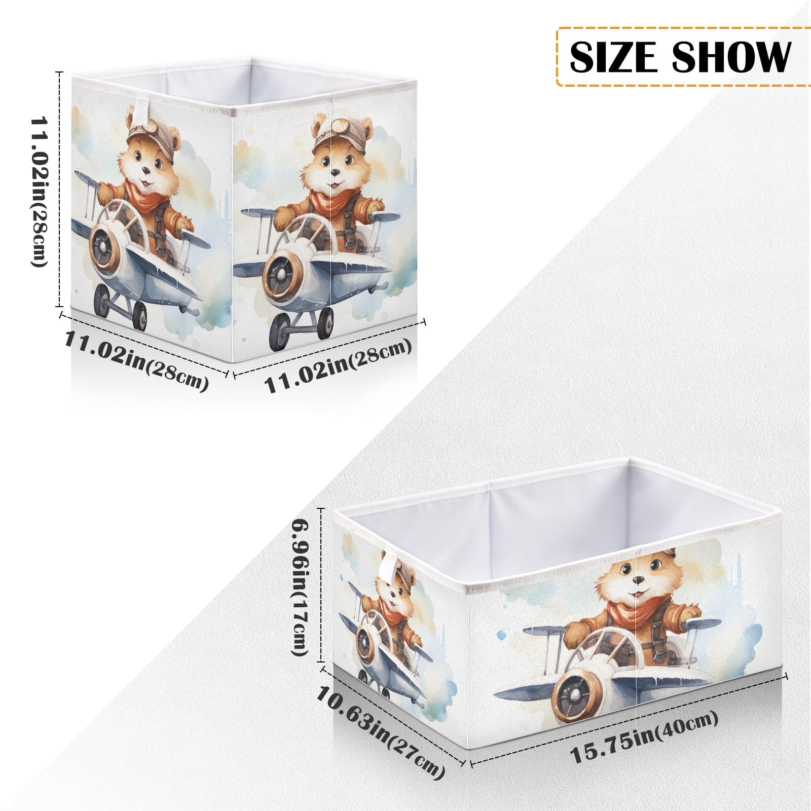 Foldable Storage Cube Cartoon Bear Flying A Plane Organizer Basket for Home Shelf