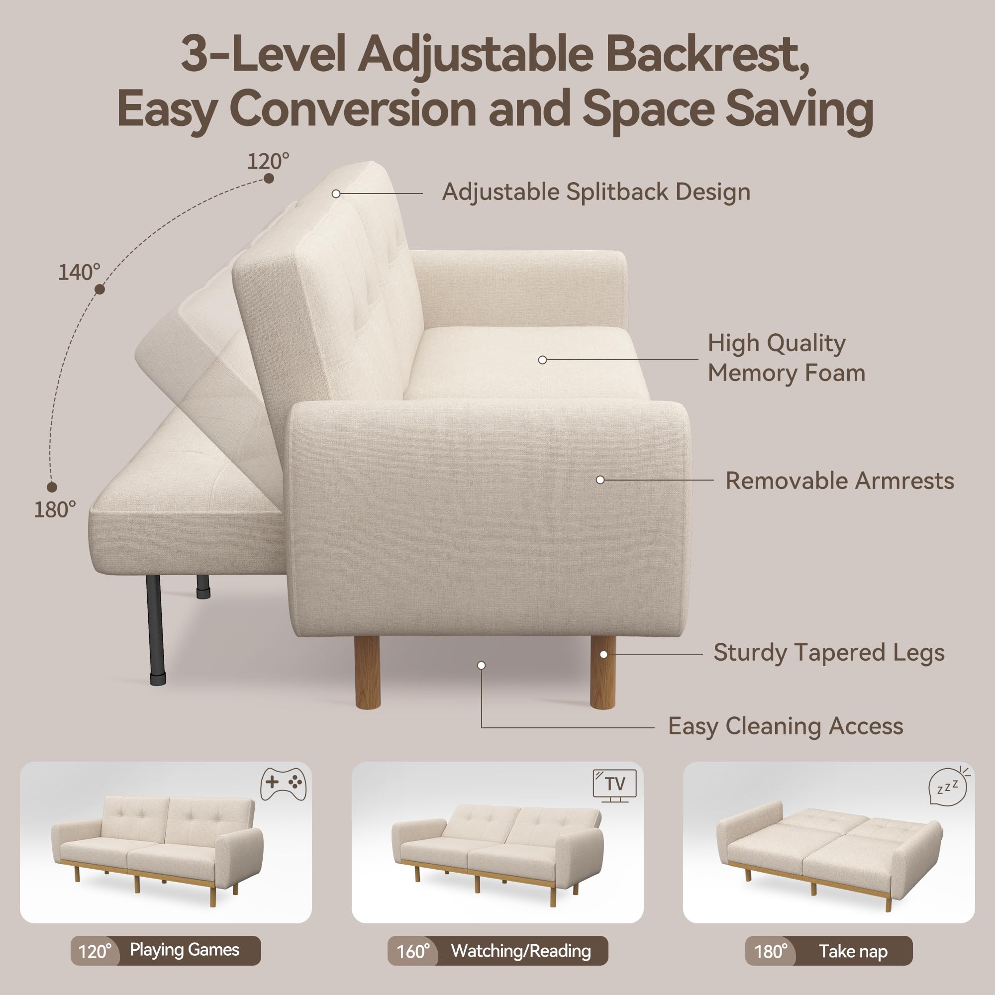 AMICLIBER Convertible Futon Sofa Bed Couch, 79 Inch Mid Century Futon Love Seat Couches,Button Tufted Upholstered Small Splitback Loveseat Sofa Cama for Living Room,RV,Office,Apartment,Beige