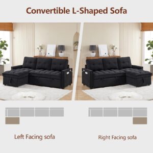 Nonlita Sofa Bed,Convertible Sectional Sofa Bed with USB and Tape-C Charging Port,L-Shaped Sleeper Sofa with Reclining Storage and Arm Side Organizer Pockets Feature,for Living Room, Apartment,Black