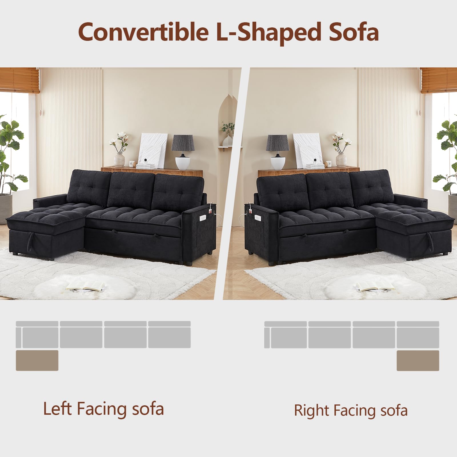 Nonlita Sofa Bed,Convertible Sectional Sofa Bed with USB and Tape-C Charging Port,L-Shaped Sleeper Sofa with Reclining Storage and Arm Side Organizer Pockets Feature,for Living Room, Apartment,Black