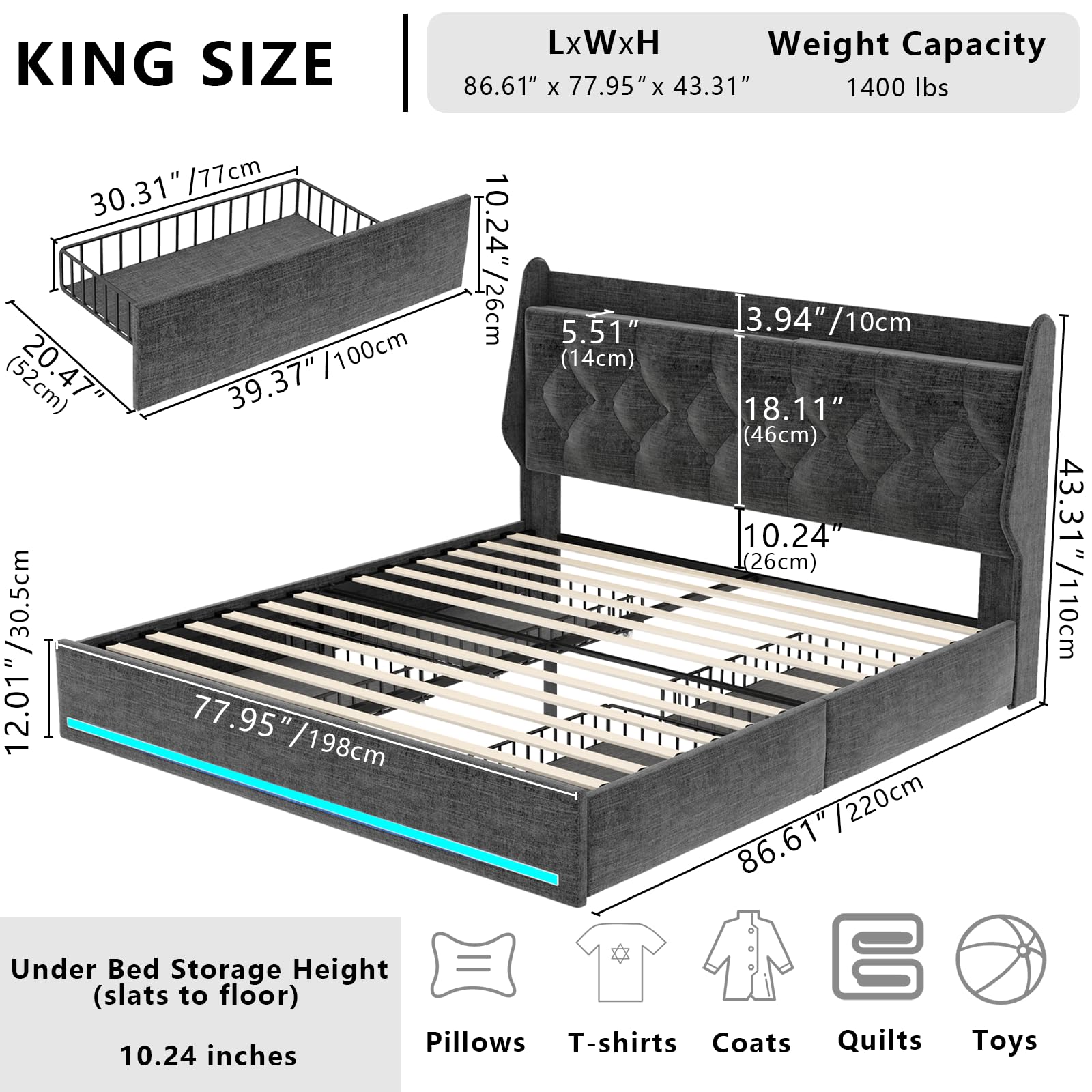 Loomie King Bed Frame with 4 Storage Drawers & Charging Station, Upholstered Platform Bed with Button Tufted Wingback Storage Headboard,LED Footboard,No Box Spring Needed,Wood Slats Support,Dark Grey