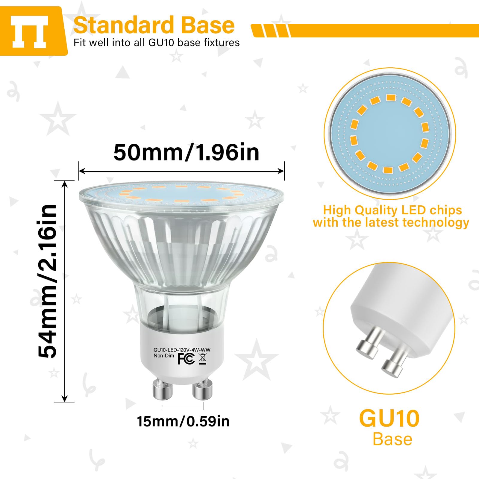 GU10 LED Light Bulbs, 50 Watt Halogen Equivalent, Warm White 2700K, 4W LED Bulbs for Track&Recessed Lighting, 120°Flood Beam Lighting for Kitchen, Range Hood, Living Room, Bedroom, 6 Pack