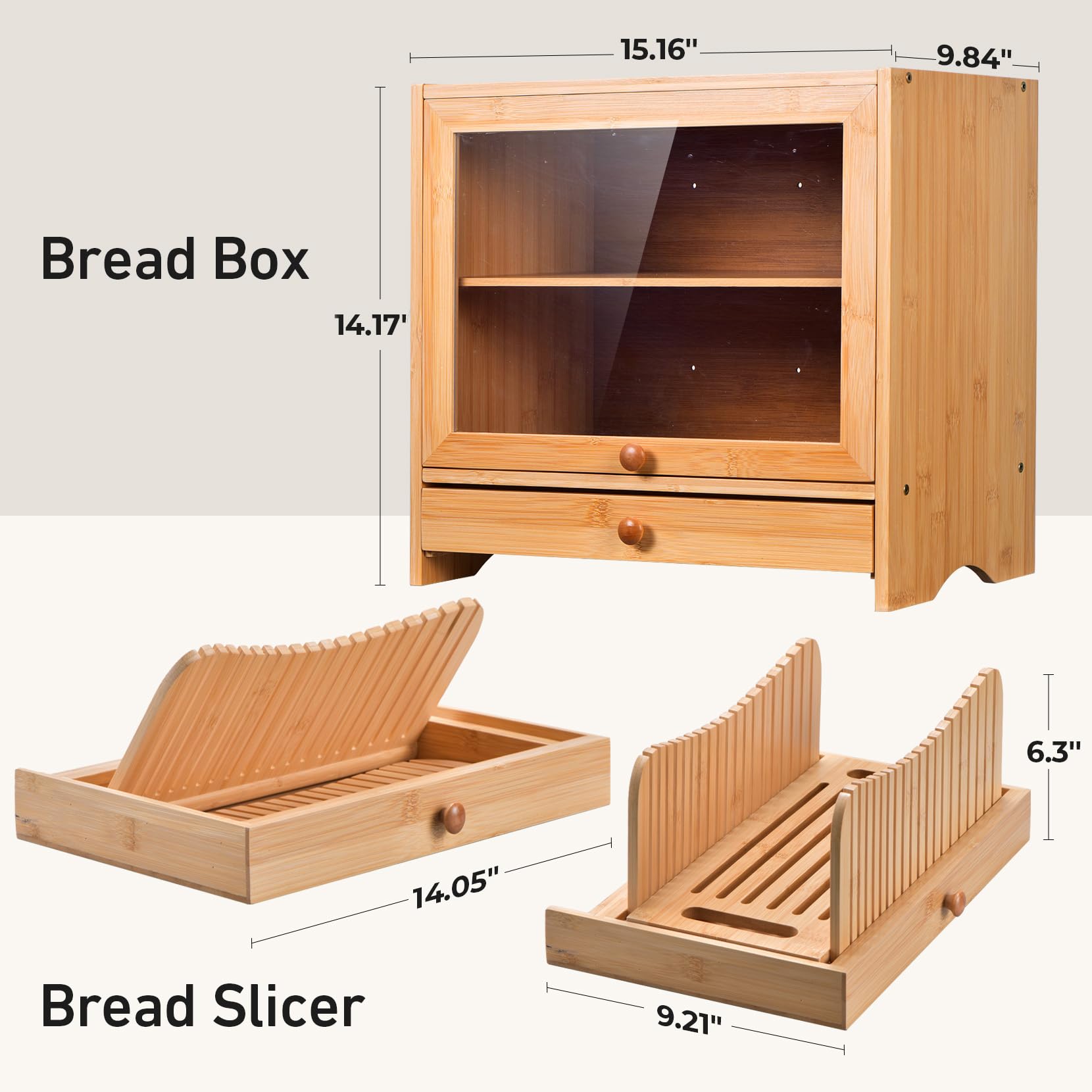 Beglero Bamboo Bread Box with Bread Slicer, Corner Bread Box for Kitchen Countertop, Bread Box for Homemade Bread with Window, Bamboo Bread Box for Kitchen Countertop, Pantry Counter Corner