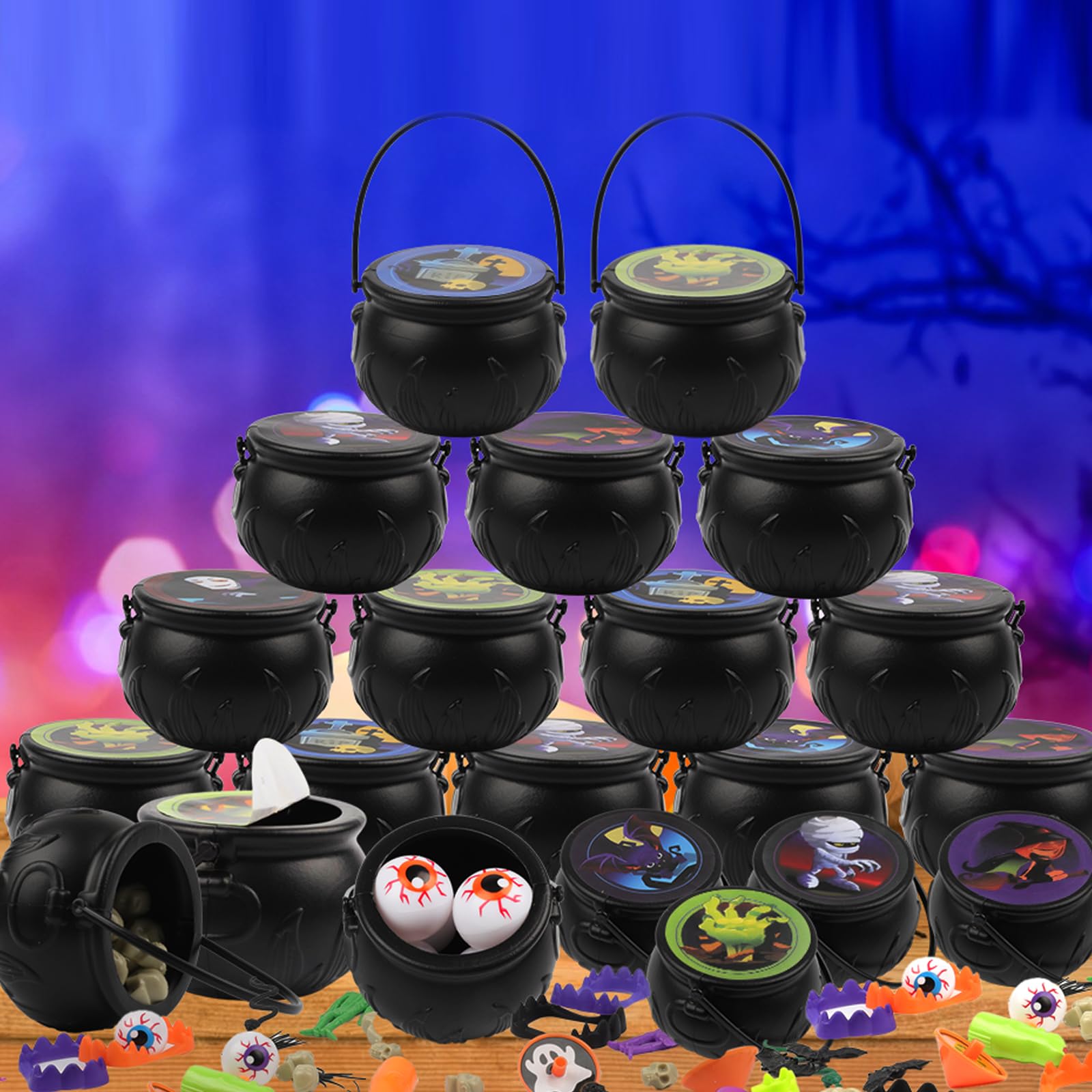 YiYa 264 PCS Halloween Mini Witch Cauldron Set 24 Pack Small Plastic Cauldron Black Halloween Candy Cauldron with Spider, Bat, Skull,Snakes for Witch Hocus Pocus Party Decorations