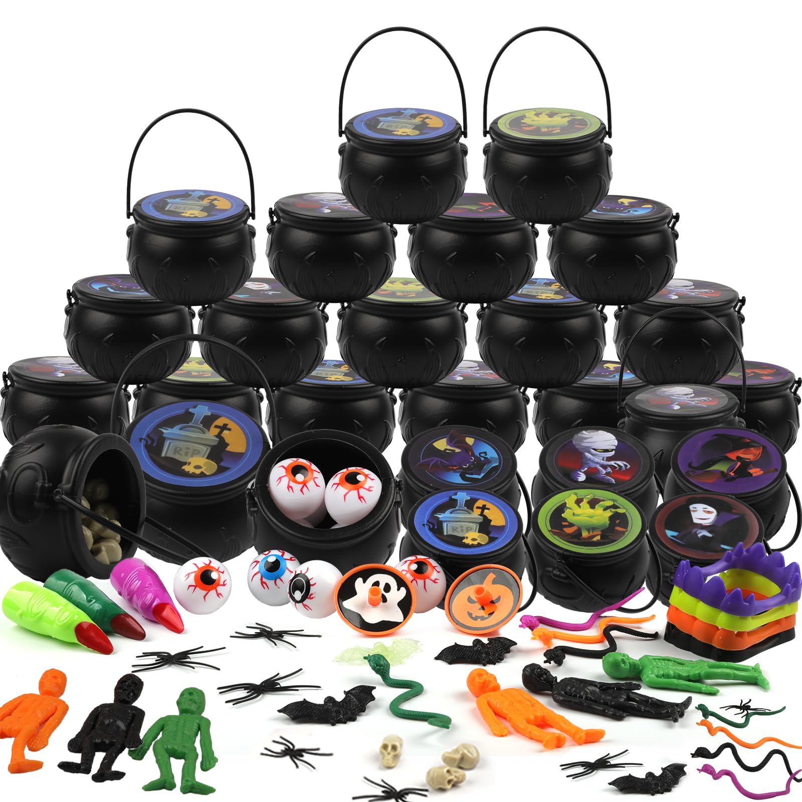 YiYa 264 PCS Halloween Mini Witch Cauldron Set 24 Pack Small Plastic Cauldron Black Halloween Candy Cauldron with Spider, Bat, Skull,Snakes for Witch Hocus Pocus Party Decorations