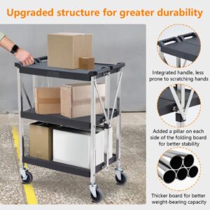 Foldable Utility Service Cart w/ 360°Swivel Wheels Lockable, 330Lbs Load Capacity, XL 3-Tier Tool Carts for Restaurant Garage Office Outdoor Storage and Transport, Stainless Steel Frame