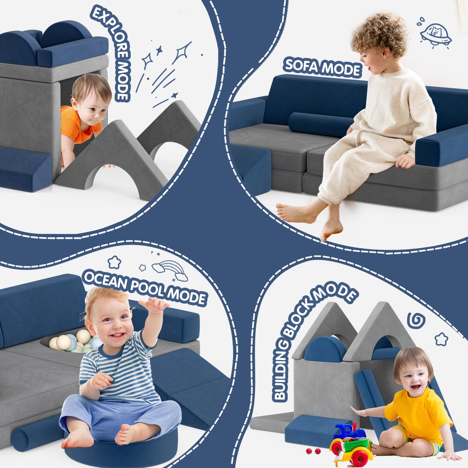 UMOMO 13 PCS Modular Kids Play Couch Building Fort, Floor Sofa Funiture for Playroom and Bedroom, Indoor Outdoor Playhouse Play Set for Kids, Toddlers, Blue & Gray