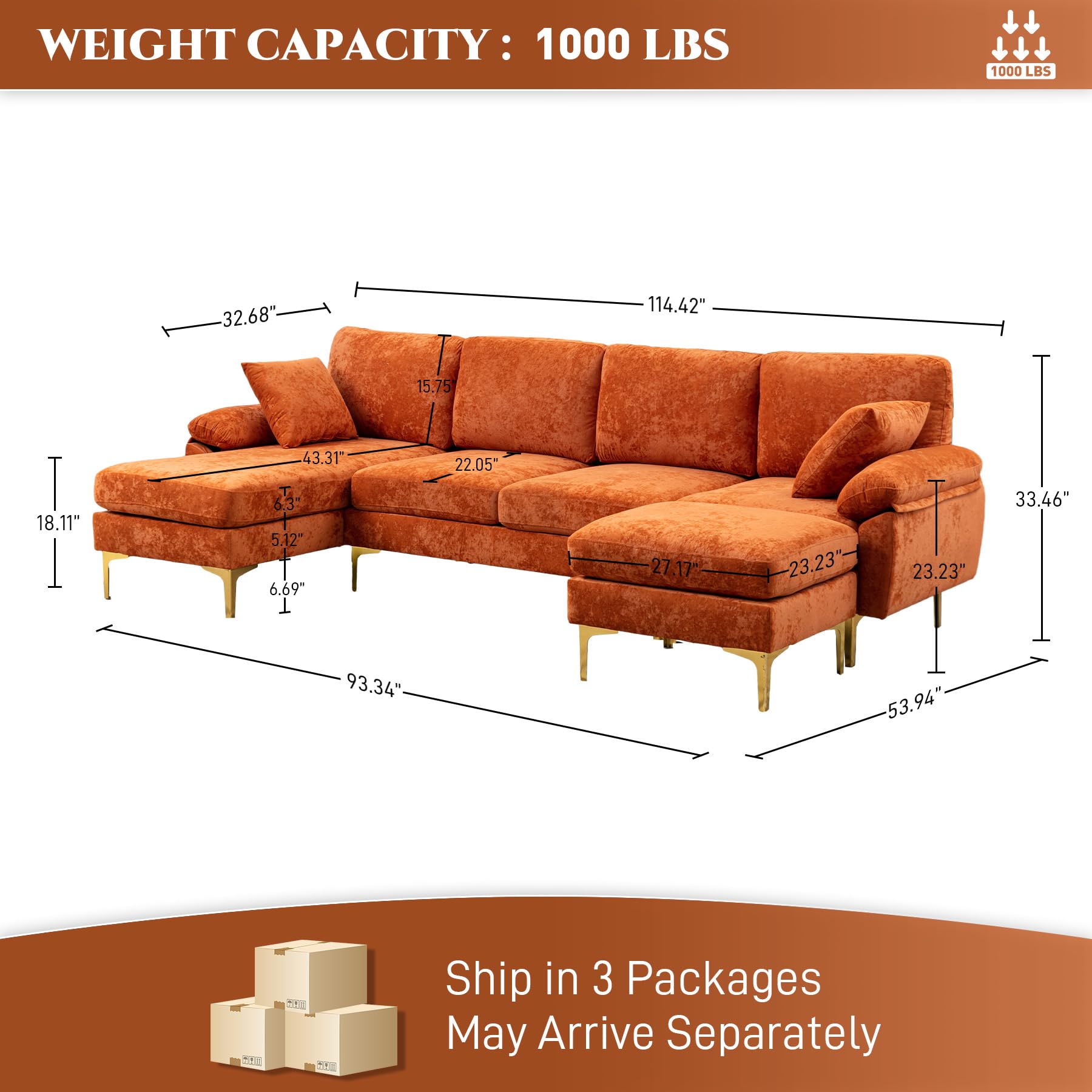 ONEMMLION U-Shaped Sectional Sofa Couch, 4 Seat Velvet Sofa Set for Living Room, Convertible L-Shaped Couch Set with Chaise Lounge, Pillows and Ottoman,114 inches (Orange)