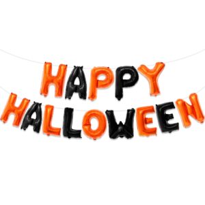 katchon, happy halloween balloons banner - 16 inch, pack of 14 | happy halloween banner for halloween decorations indoor | orange and black happy halloween foil balloons, halloween party decorations