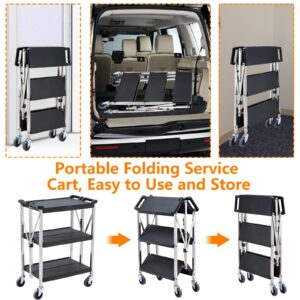 Foldable Utility Service Cart w/ 360°Swivel Wheels Lockable, 330Lbs Load Capacity, XL 3-Tier Tool Carts for Restaurant Garage Office Outdoor Storage and Transport, Stainless Steel Frame