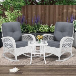 meetwarm 3 pieces patio conversation set, rattan outdoor rocking patio bistro set with 2 rockers and 1 side table with 4" thick cushions, outdoor furniture set for porch backyard, white wicker/grey