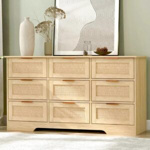 ltmeuty 9 drawer dresser for bedroom, rattan chest of drawers, modern wood dresser chest with golden handles, 55” wide large storage long dressers organizer for closet, entryway, living room