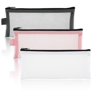 Qianyu 3 Pcs Grid Mesh Storage Case with Handle and Zipper Clear Double-layer Large Capacity Storage Pouch Travel Makeup Bag Cute Simple Toiletry Bag for Adult Office College Students Essentials