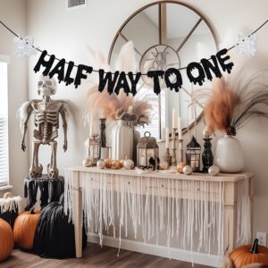 Halloween Half Way to One Banner, 6 Months Birthday Decorations, Half Birthday Decor, Little Boo, Halloween Baby Shower Birthday Party Decorations, Black Glitter