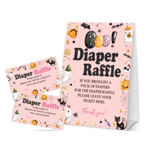 seclate halloween baby shower games - 50 diaper raffle tickets + 1 self-standing sign - diaper raffle party game sets for baby announcement gender reveal decorations - b07