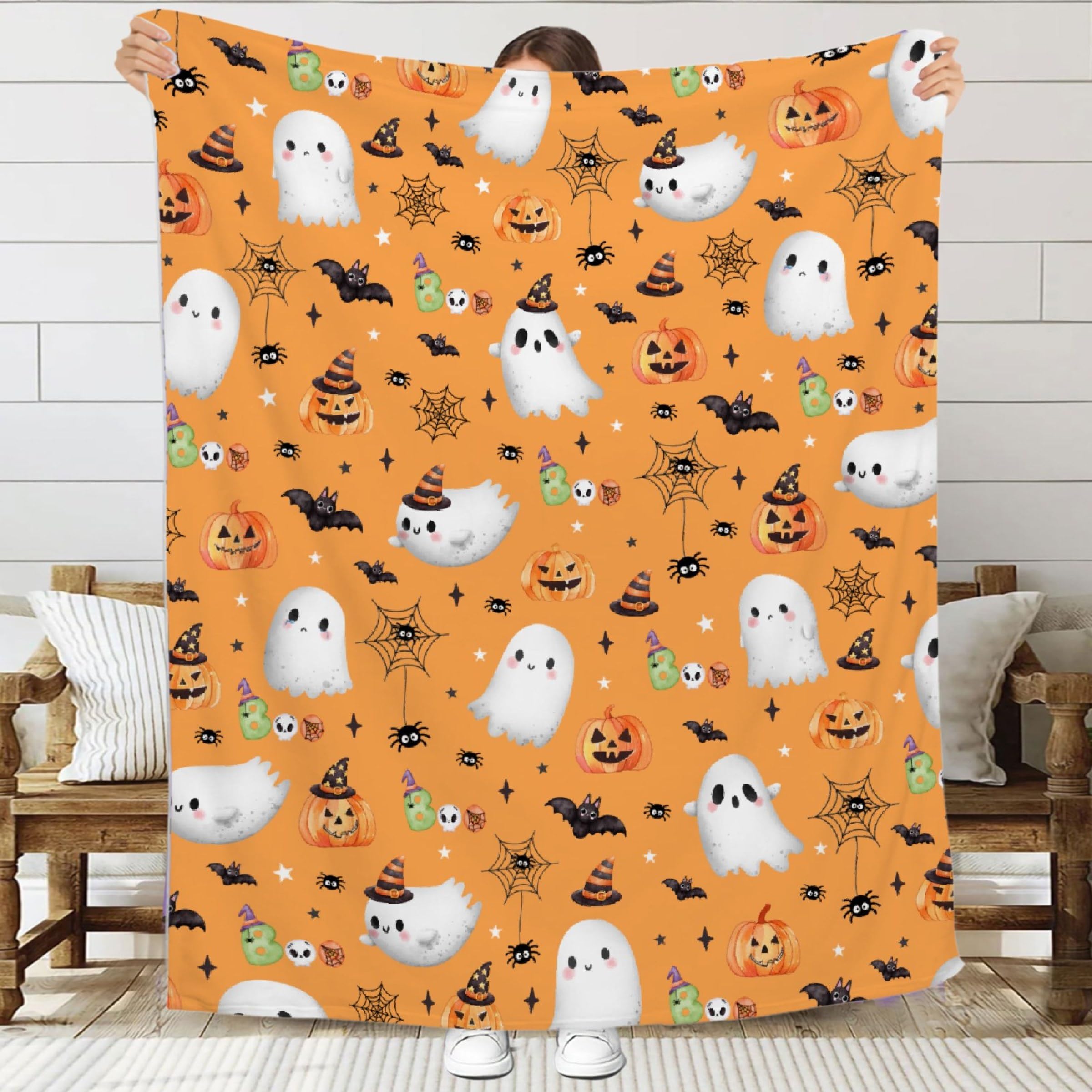 Halloween Throw Blanket, Cute Ghost Blanket for Boys Girls, Super Soft Flannel Pumpkin Blanket, Halloween Decor Blanket for Couch,Sofa,Bed,Living Rooms - 30"x40"-Toddlers/Pets Size