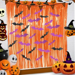 halloween background photo booth props, 2 packs orange tinsel foil fringe curtains backdrop, 3.3 x 6.6 ft streamer with 96 pcs black purple pvc bat stickers decals for party supplies