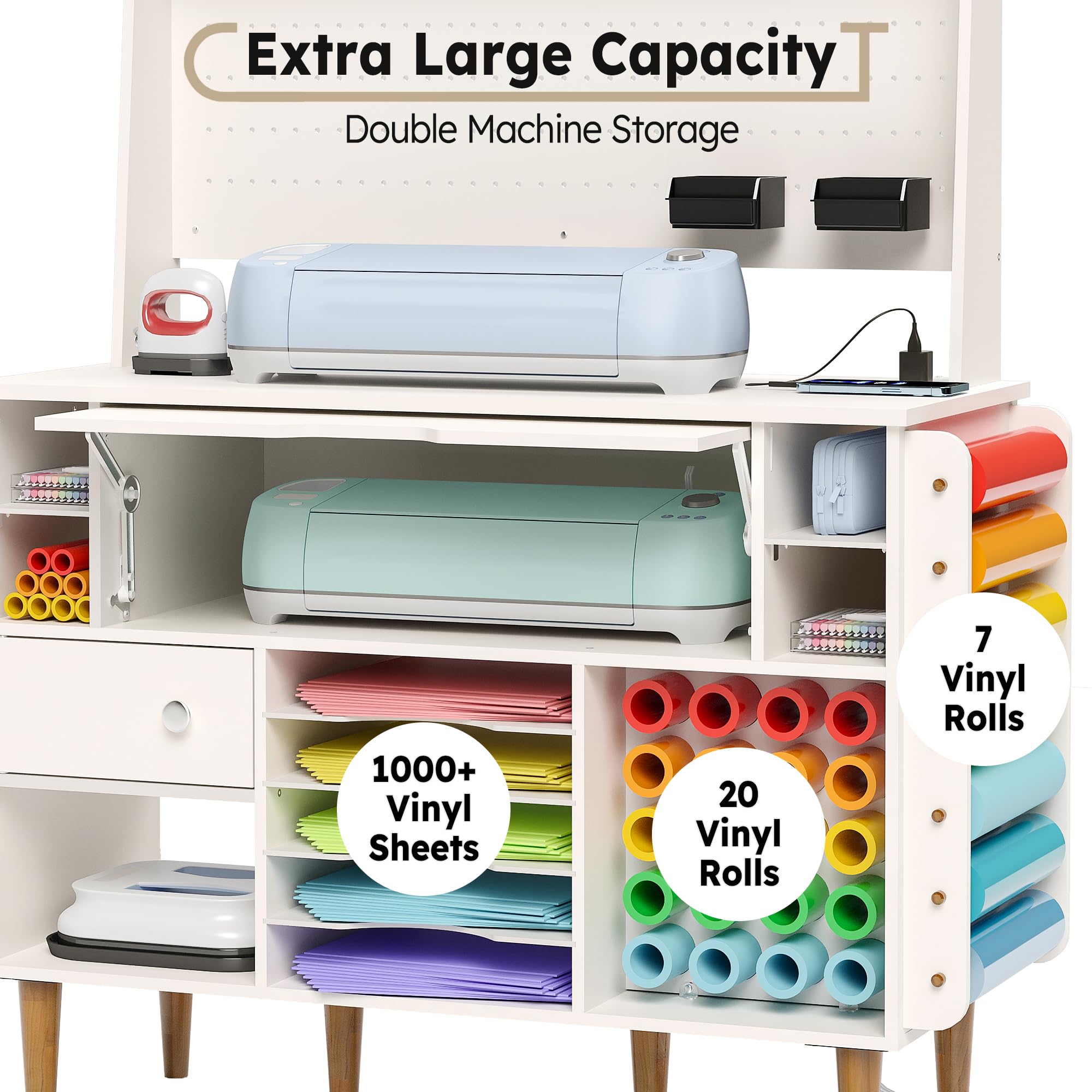 𝐂𝐫𝐚𝐟𝐢𝐭 Craft Table for Cricut Machines, Organizers and Storage Cabinet with USB Ports and Outlets, Crafting Desk Vinyl Roll Holder Tool Accessories Organization with Storage and Pegboard