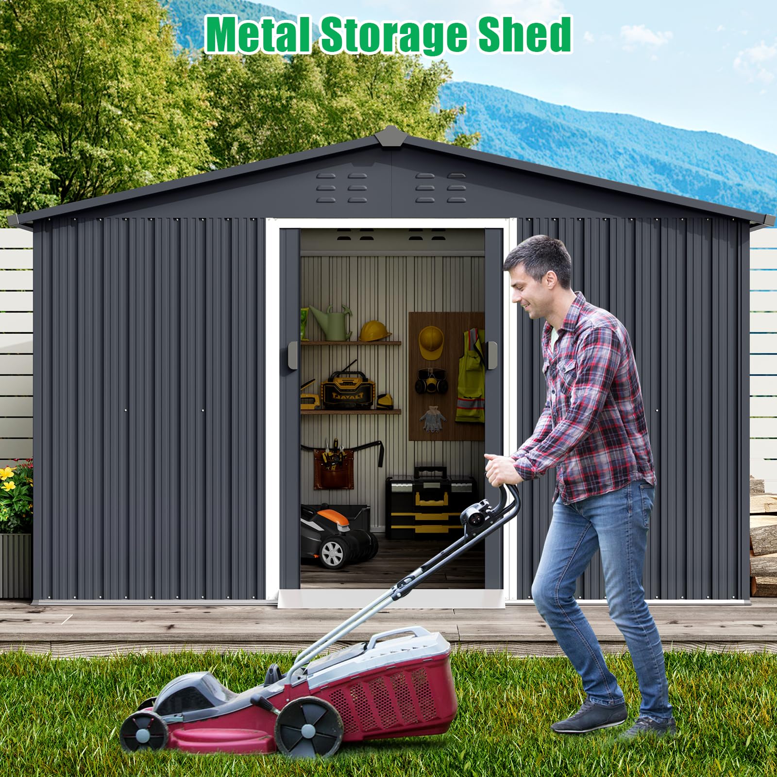 GarveeLife 10x10 Ft Outdoor Storage Shed, Steel Utility Tool Shed with Sloped Roof & Lockable Door, Backyard Garden Patio Lawn Outdoor Shed for Organising Tools and Equipment in Yard, Garden, Grey