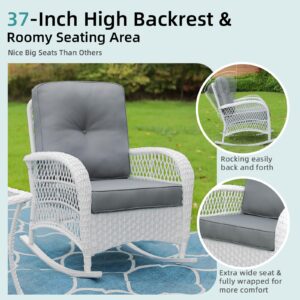 MEETWARM 3 Pieces Patio Conversation Set, Rattan Outdoor Rocking Patio Bistro Set with 2 Rockers and 1 Side Table with 4" Thick Cushions, Outdoor Furniture Set for Porch Backyard, White Wicker/Grey