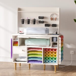 𝐂𝐫𝐚𝐟𝐢𝐭 Craft Table for Cricut Machines, Organizers and Storage Cabinet with USB Ports and Outlets, Crafting Desk Vinyl Roll Holder Tool Accessories Organization with Storage and Pegboard