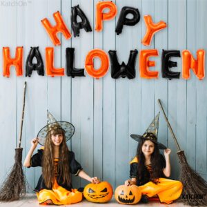 KatchOn, Happy Halloween Balloons Banner - 16 Inch, Pack of 14 | Happy Halloween Banner for Halloween Decorations Indoor | Orange and Black Happy Halloween Foil Balloons, Halloween Party Decorations