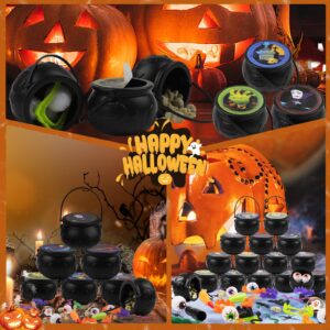 YiYa 264 PCS Halloween Mini Witch Cauldron Set 24 Pack Small Plastic Cauldron Black Halloween Candy Cauldron with Spider, Bat, Skull,Snakes for Witch Hocus Pocus Party Decorations