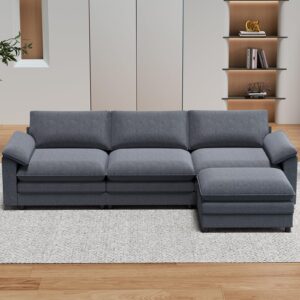 puremind sectional sofa, l shape sofa, cloud couch dupe with movable ottoman, 3-seat sofa for living room and apartment,117'' (dark grey)