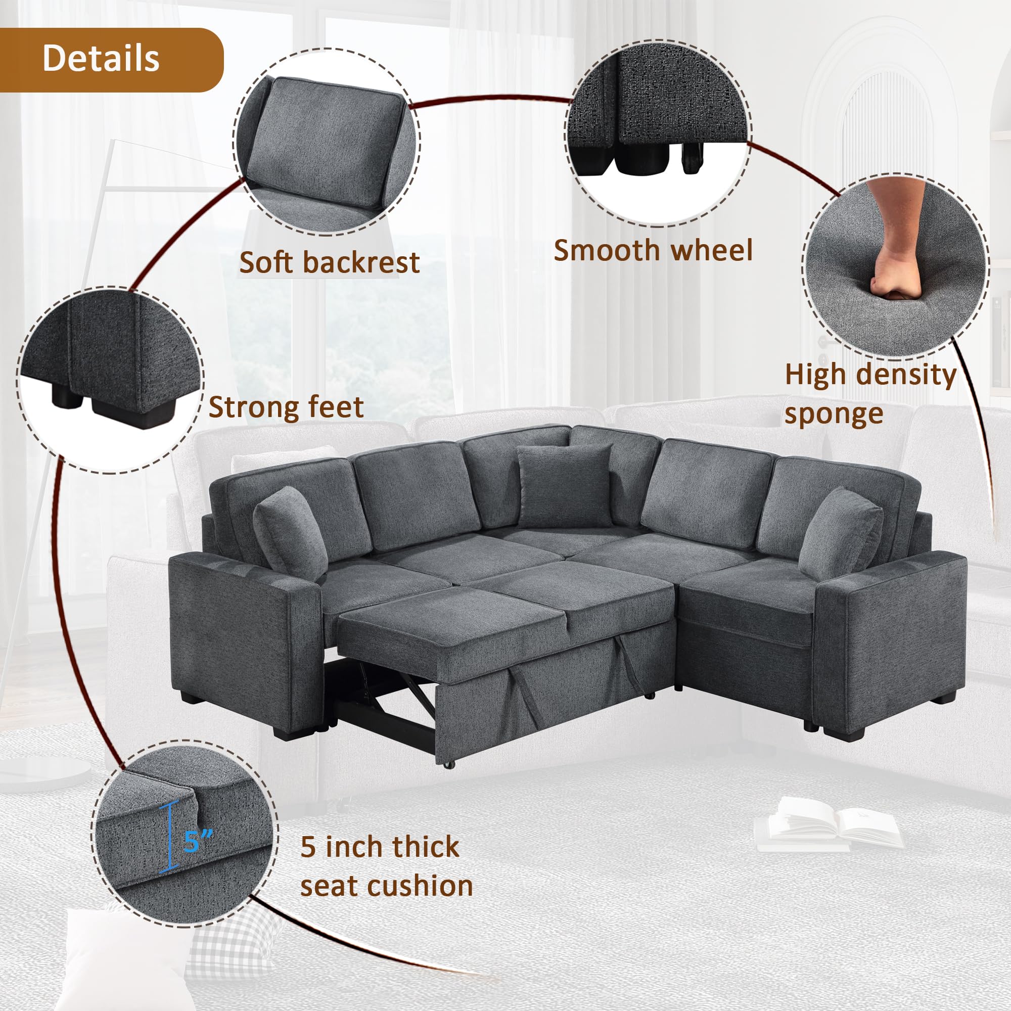 Favfurish Convertible Sectional Sleeper Sofa,L Shaped Oversized Modular Couch Upholstered Free Combined Corner Couches with 3 Pillows and 5 Seat,Pullout Bed,Chenille,Dark Gray