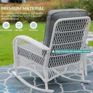 MEETWARM 3 Pieces Patio Conversation Set, Rattan Outdoor Rocking Patio Bistro Set with 2 Rockers and 1 Side Table with 4" Thick Cushions, Outdoor Furniture Set for Porch Backyard, White Wicker/Grey