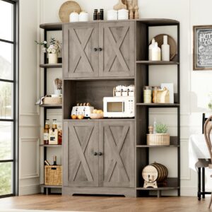 hithos 70" kitchen pantry storage cabinet, tall kitchen hutch cabinet with microwave stand, industrial pantry cabinet with 8 open shelves & coffee bar cabinet for dining room, living room, ash gray