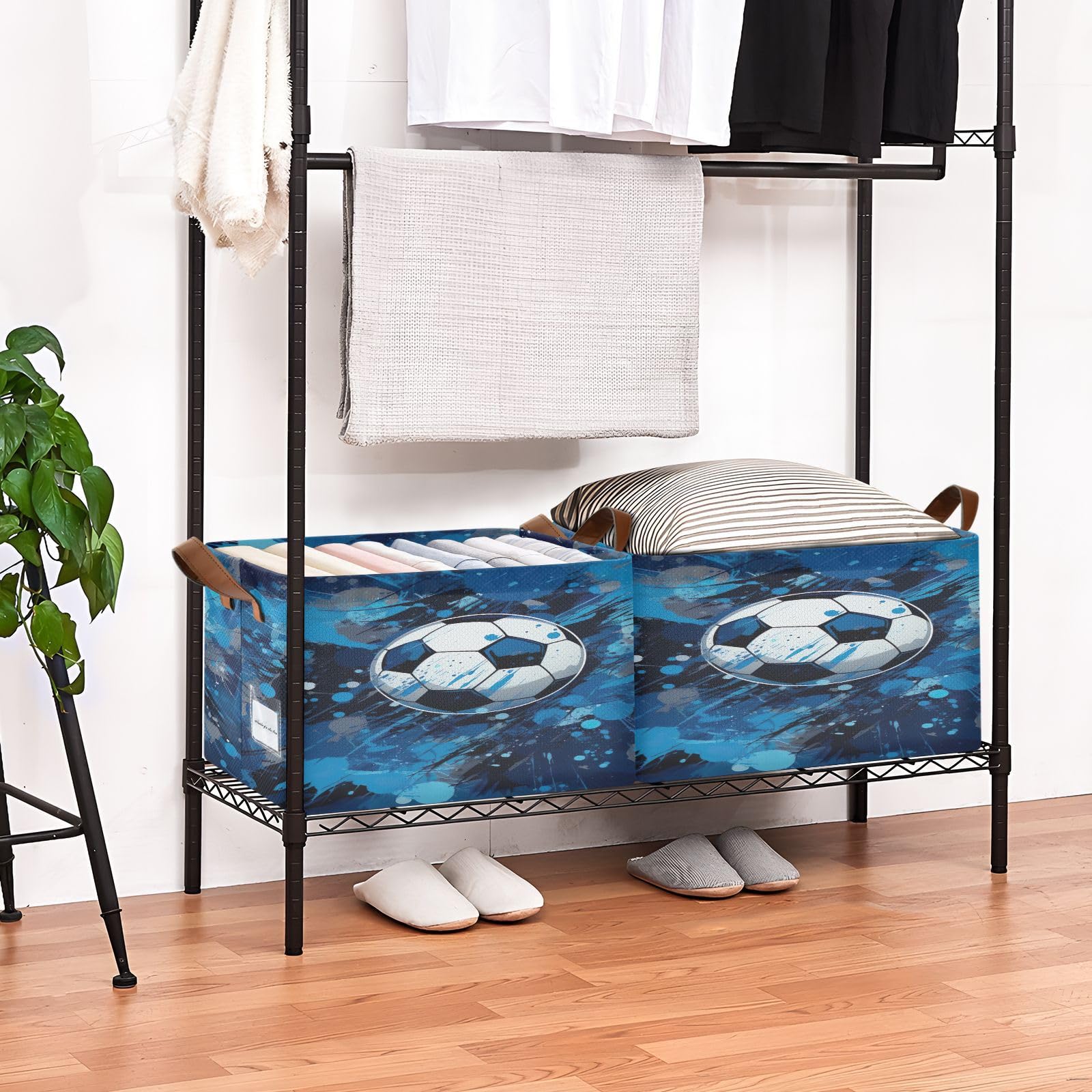 SPRIPORT Cartoon Soccer Ball Foldable Storage Cube for Shelves Fabric Storage Bin with Metal Frame & Double Handles Large Storage Box for Organizing Books Clothes Blankets Toys