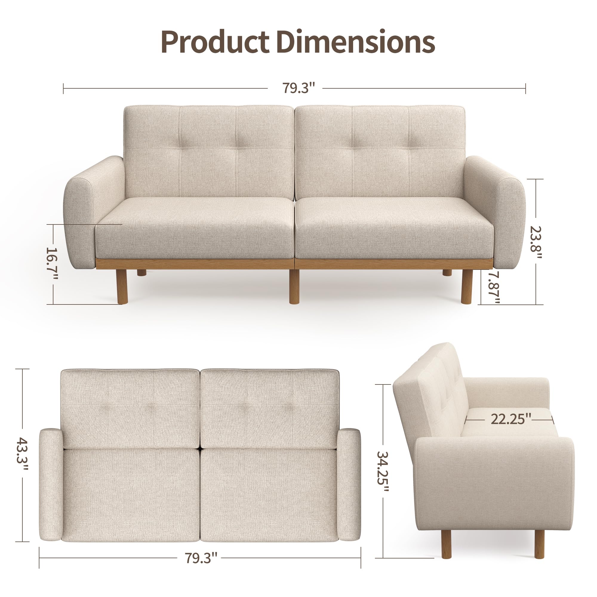 AMICLIBER Convertible Futon Sofa Bed Couch, 79 Inch Mid Century Futon Love Seat Couches,Button Tufted Upholstered Small Splitback Loveseat Sofa Cama for Living Room,RV,Office,Apartment,Beige