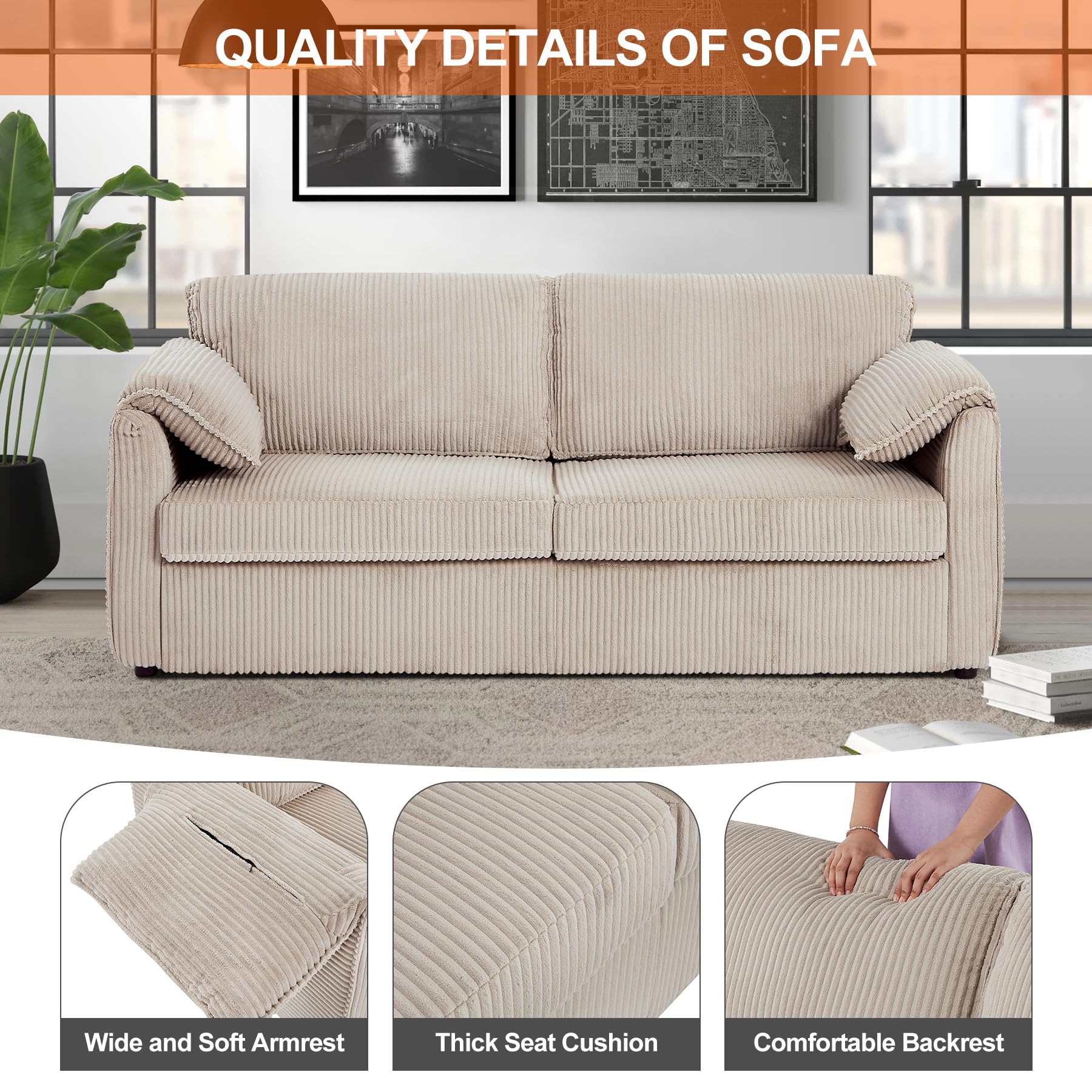 Plococo Pull Out Sofa Bed, Corduroy Queen Sleeper Sofa Couch with Foam Mattress, Large Sofa Sleeper Pullout Couch Bed for Living Room Office, Queen Size (Beige Brown)