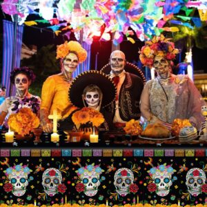 MEHOFOND 3 Pcs Day of The Dead Plastic Tablecloth, Dia De Los Muertos Disposable Table Cover for Halloween, Mexican Skull Floral Fiesta Party Decorations, Day of The Dead Party Supplies