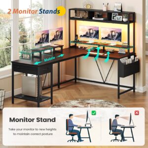 UPOSOJA L Shaped Gaming Desk with Shelves, Reversible 66.9" Corner Computer Desk with Power Outlet and Led Strip, Home Office Desks with Drawer Mobile Monitor Stand Storage Bag(Black)