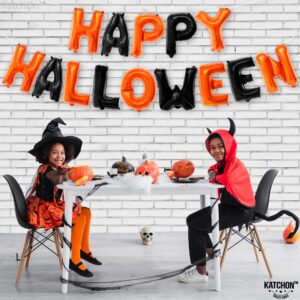 KatchOn, Happy Halloween Balloons Banner - 16 Inch, Pack of 14 | Happy Halloween Banner for Halloween Decorations Indoor | Orange and Black Happy Halloween Foil Balloons, Halloween Party Decorations