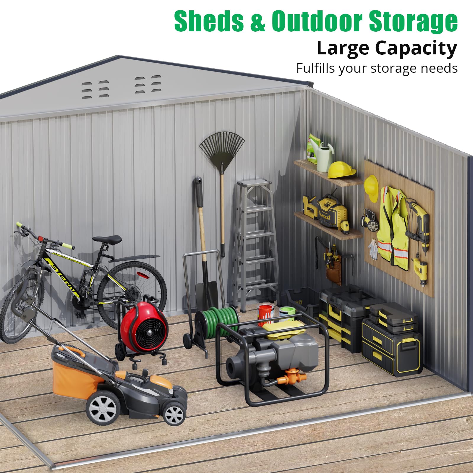 GarveeLife 10x10 Ft Outdoor Storage Shed, Steel Utility Tool Shed with Sloped Roof & Lockable Door, Backyard Garden Patio Lawn Outdoor Shed for Organising Tools and Equipment in Yard, Garden, Grey