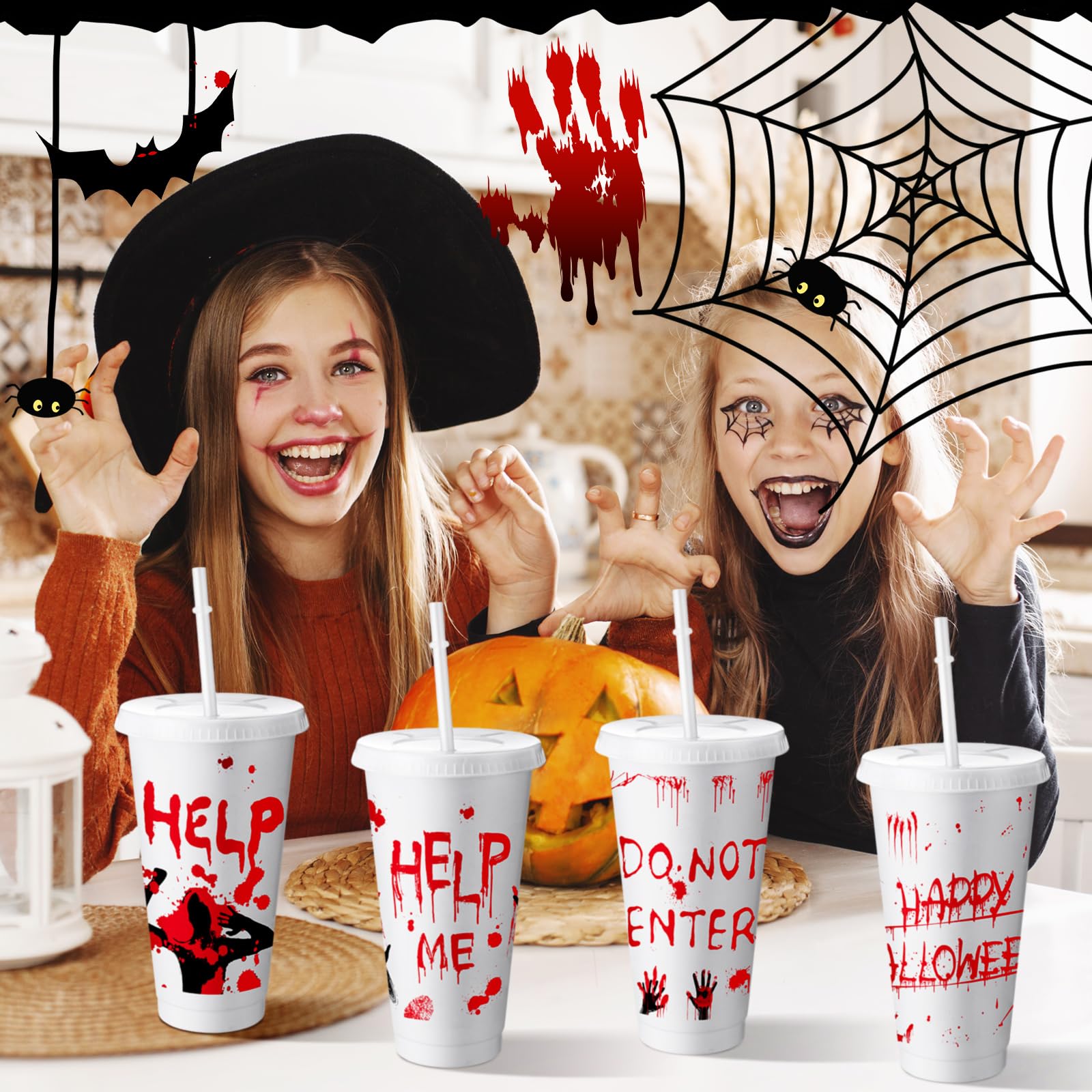 Dandat 24 Pcs Halloween Plastic Cups 24Oz Halloween Bloody Handprint Cups Halloween Reusable Cups with Lids and Straws Halloween Party Favors Supplies Halloween Cups for Adults Party Decoration