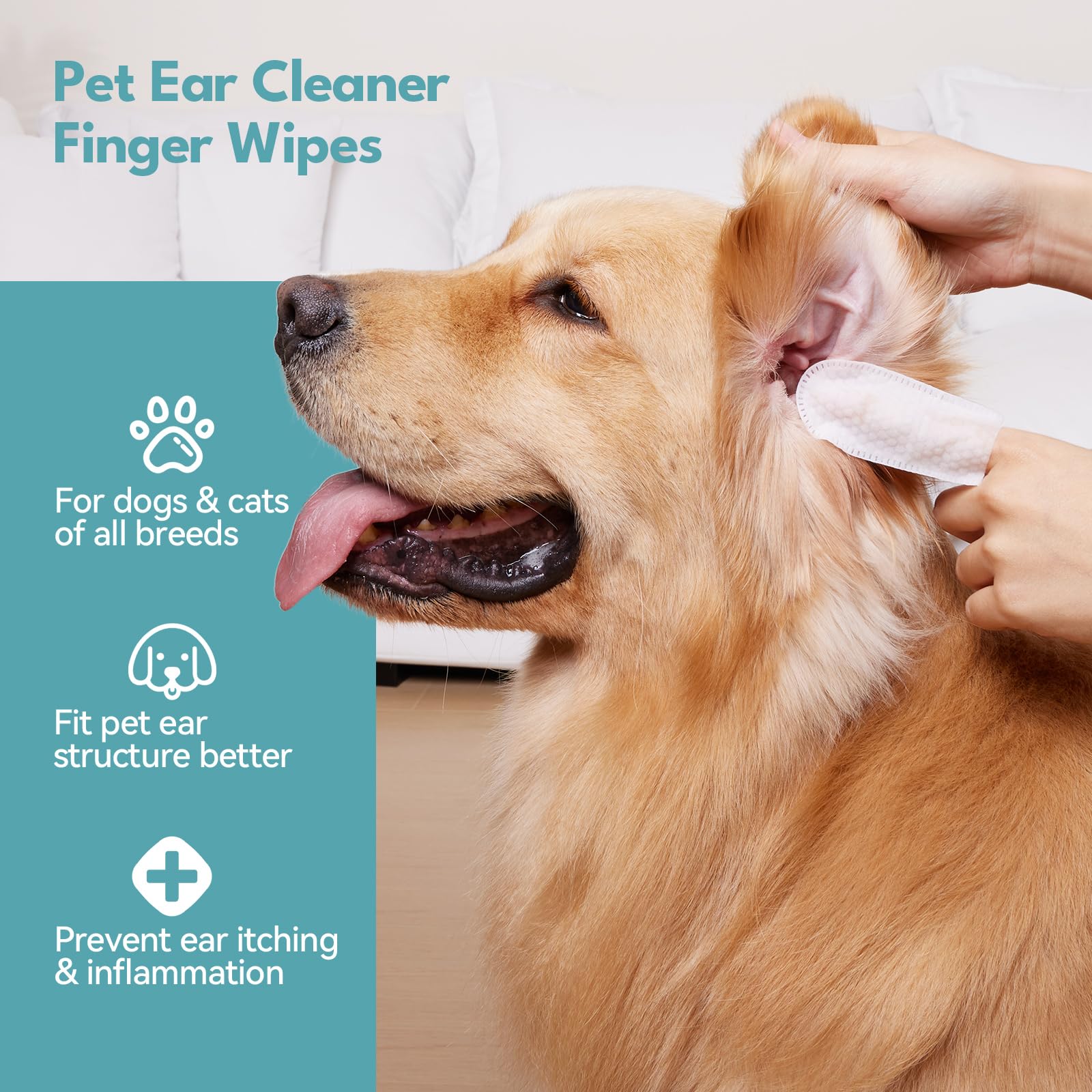 No Pawblems Natural Ear Wipes Finger for Dogs & Cats Comfy Finger Design | Clean Ear Wax, Debris & Dirt Gently | 50 Count Pack (Coconut Scent)