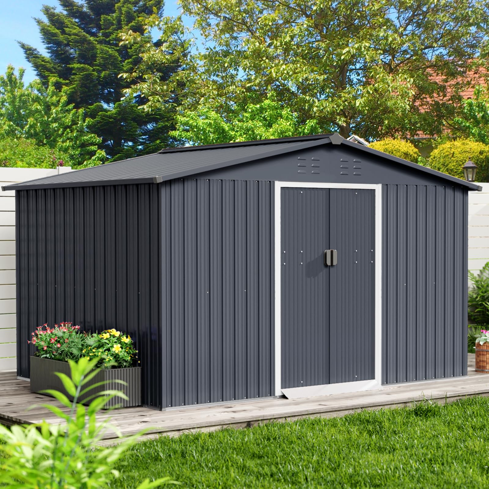 GarveeLife 10x10 Ft Outdoor Storage Shed, Steel Utility Tool Shed with Sloped Roof & Lockable Door, Backyard Garden Patio Lawn Outdoor Shed for Organising Tools and Equipment in Yard, Garden, Grey