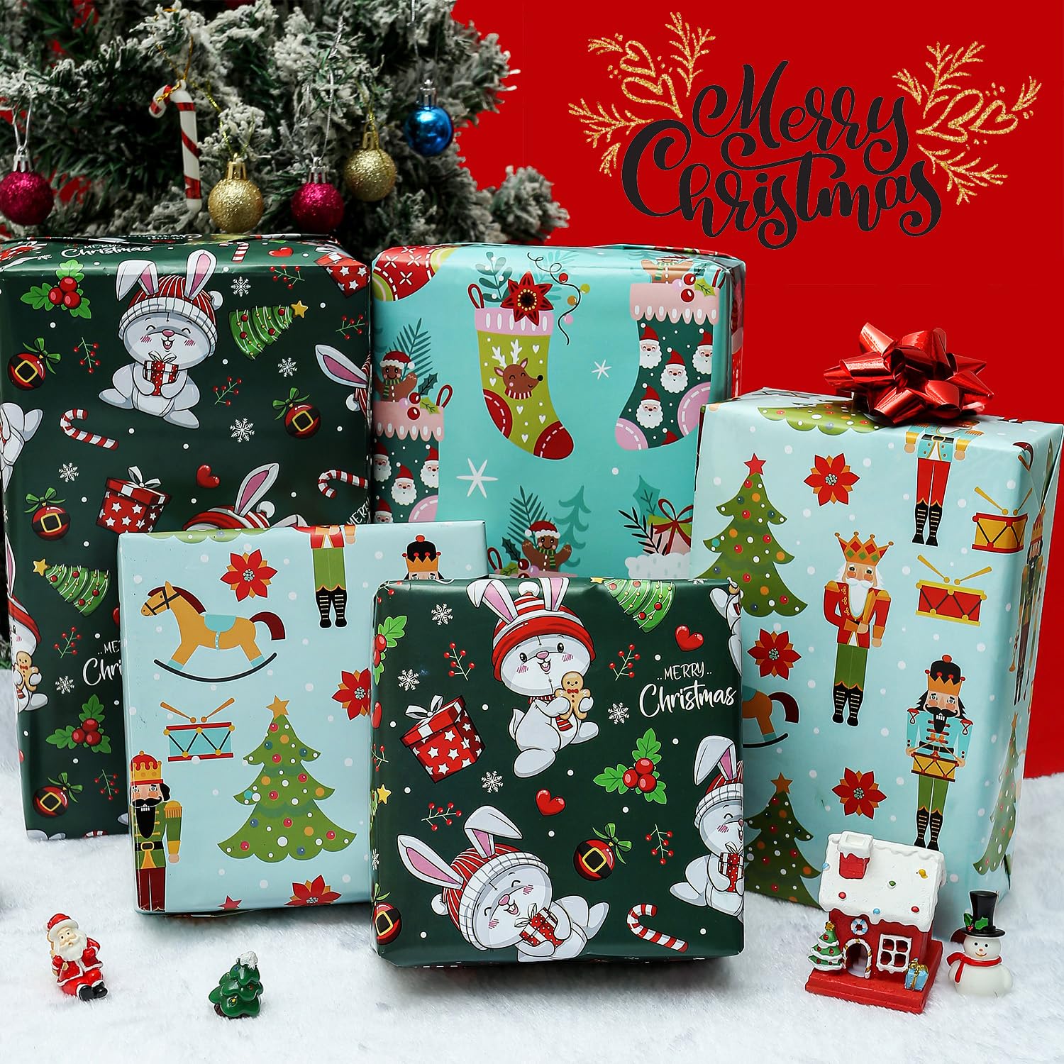 BOLIANNE Christmas Wrapping Paper for Kids Boys Girls - Funny Xmas Holiday Gift Wrap with Socks, Rabbits, Nutcracker for New Year Party - 6 Large Sheets, 27 x 37 Inch, High Gloss